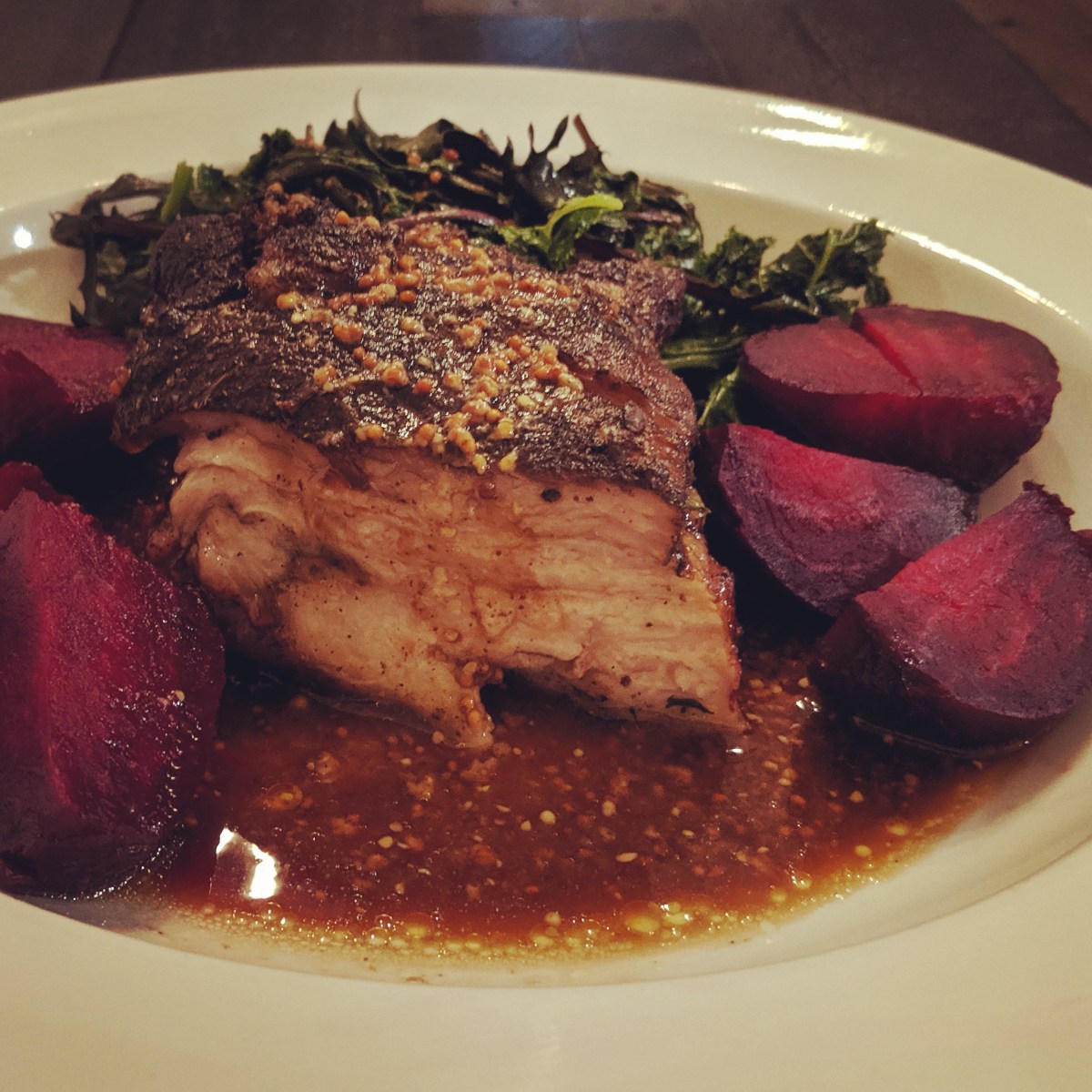 Braised Pork Belly, Roast Beets, Sautéed Mustard Greens with Mustard ...