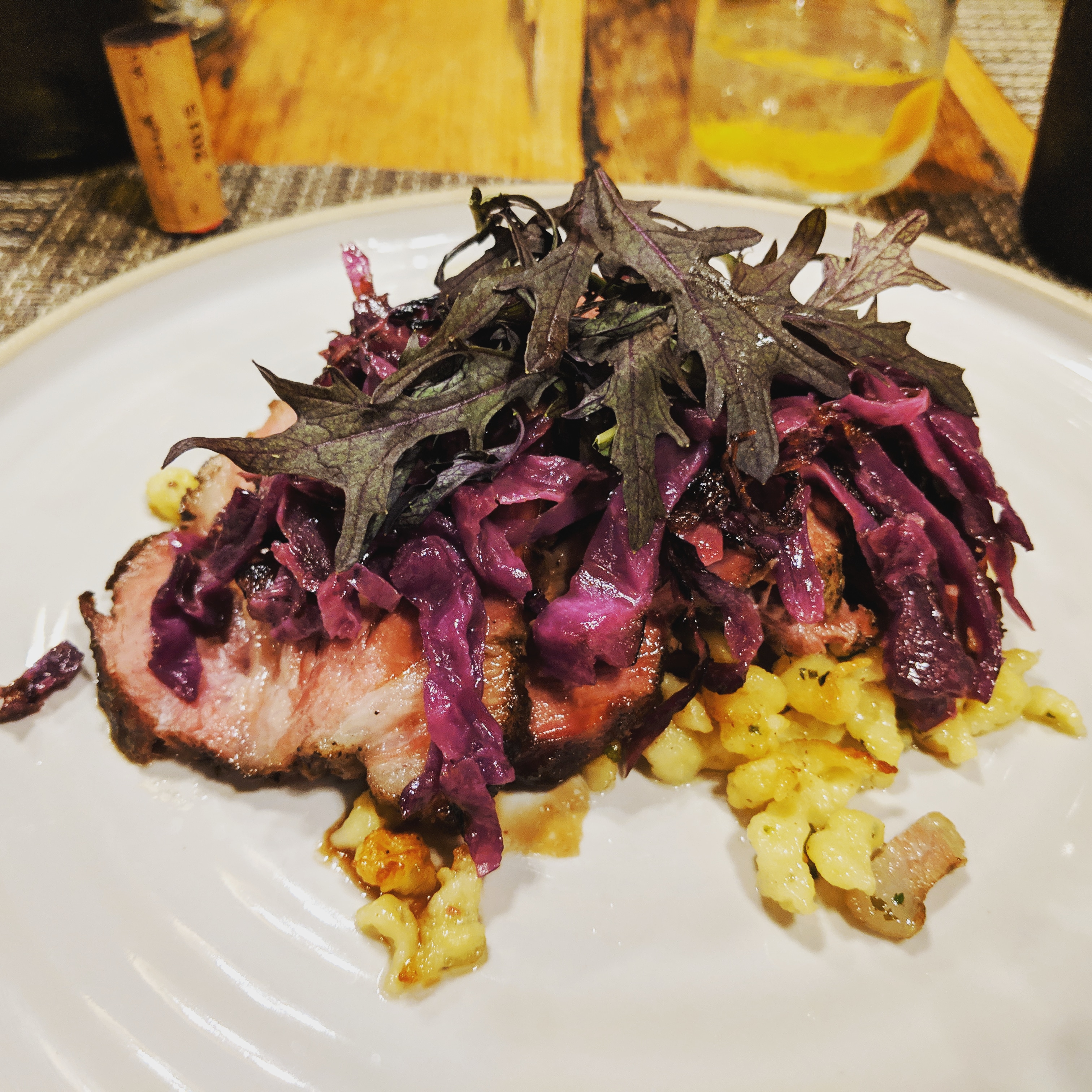 Roasted Pork Shoulder, Braised Purple Cabbage, Mustard Spaetzle with ...