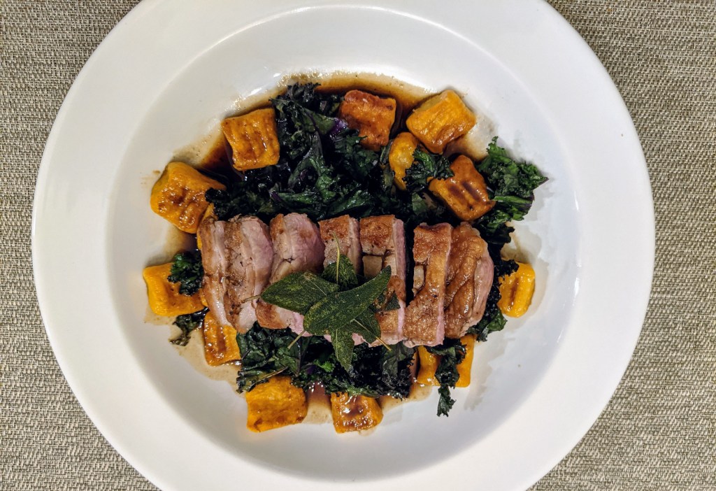 Pan Seared Duck Breast, Charred Purple Kale, Sweet Potato Gnocchi ...