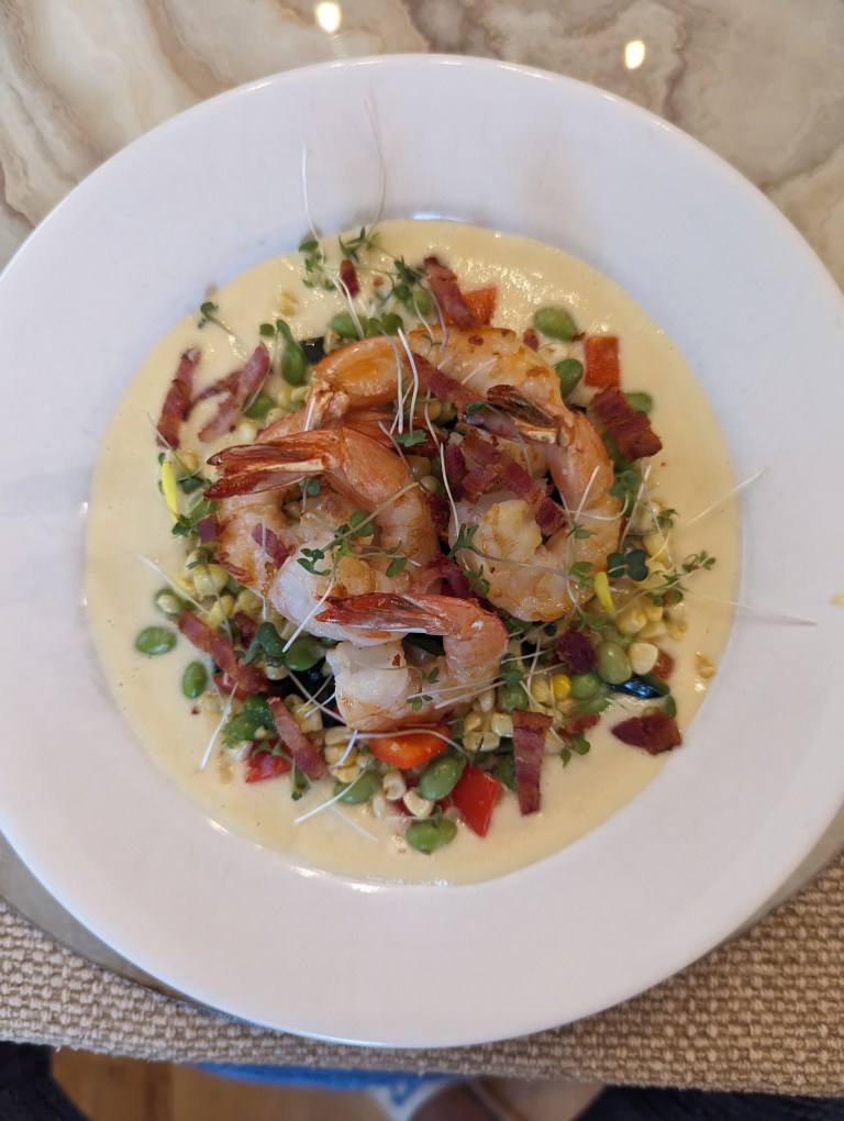 South Carolina Shrimp, Local Corn Succotash, Applewood Smoked Bacon and ...