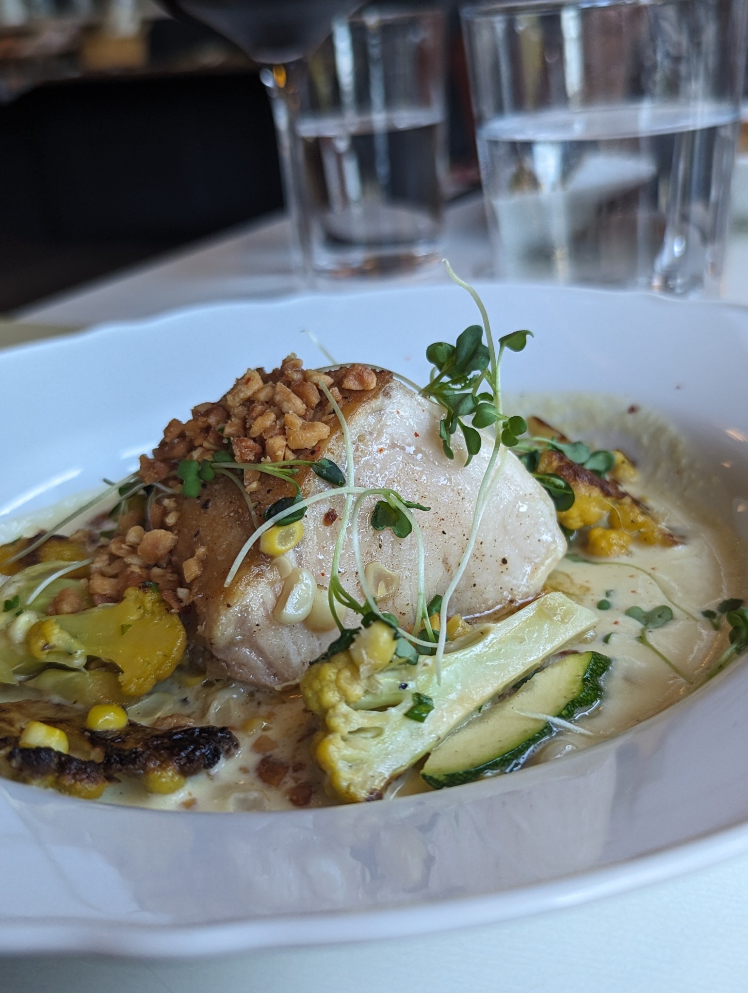 Carolina Swordfish, Charred Yellow Cauliflower, Corn and Zucchini with ...