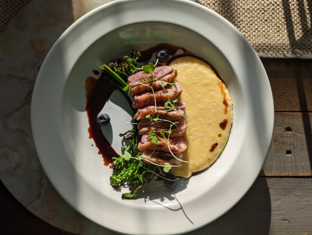 Sous Vide Duck Breast, Gruyère Grits, Duck Fat Charred Broccolini with ...